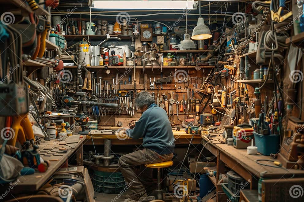 A Man is Seated at a Workbench in a Cluttered Workshop Surrounded by ...
