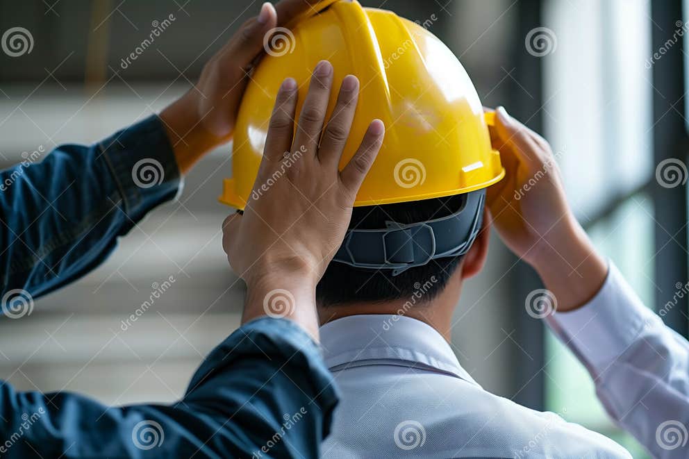 Man Securing a Helmet on a Workers Head Stock Illustration ...