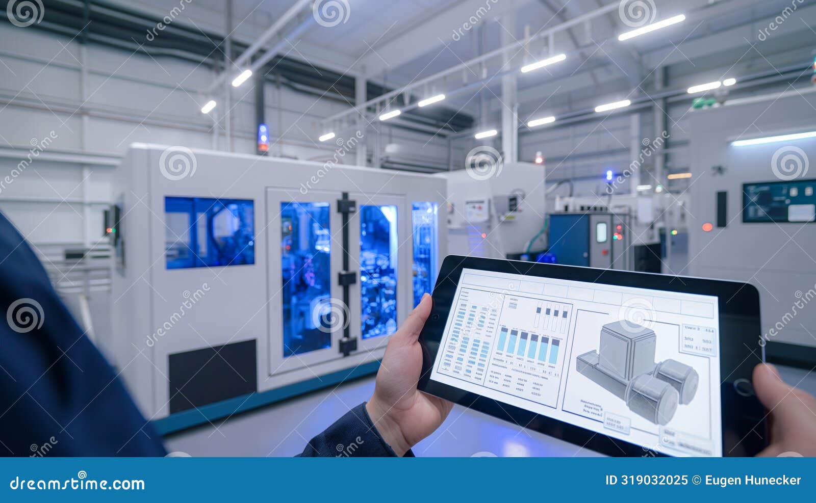 A Man is Seen Seamlessly Working with Tablet in Manufacturing Facility ...