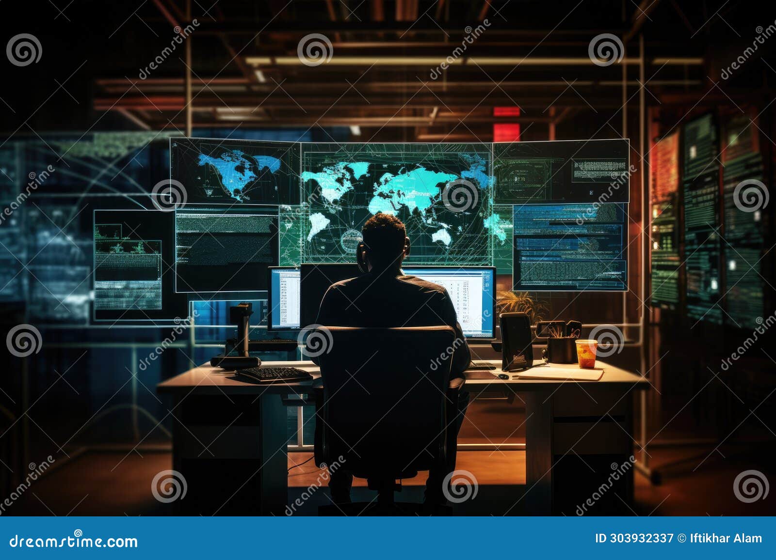 A Man is Seen Sitting at a Desk, Focused on His Work, with Multiple ...