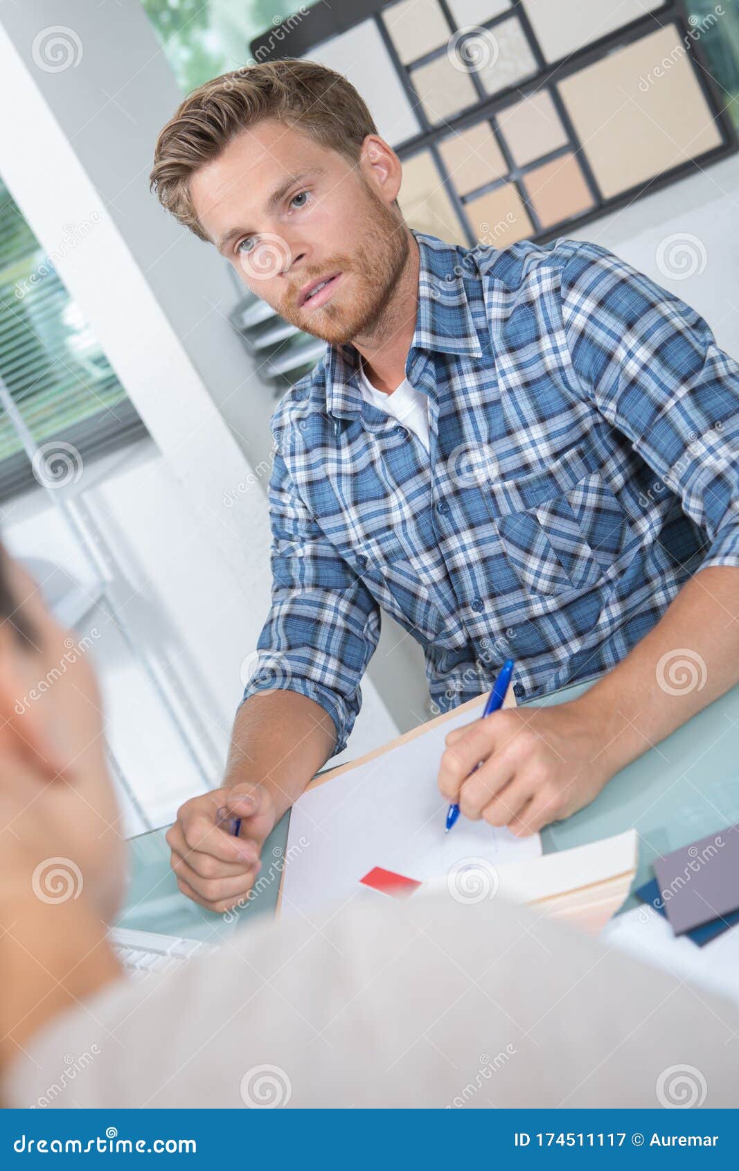 Man Seller Talking To Customer in Studio Stock Image - Image of ...