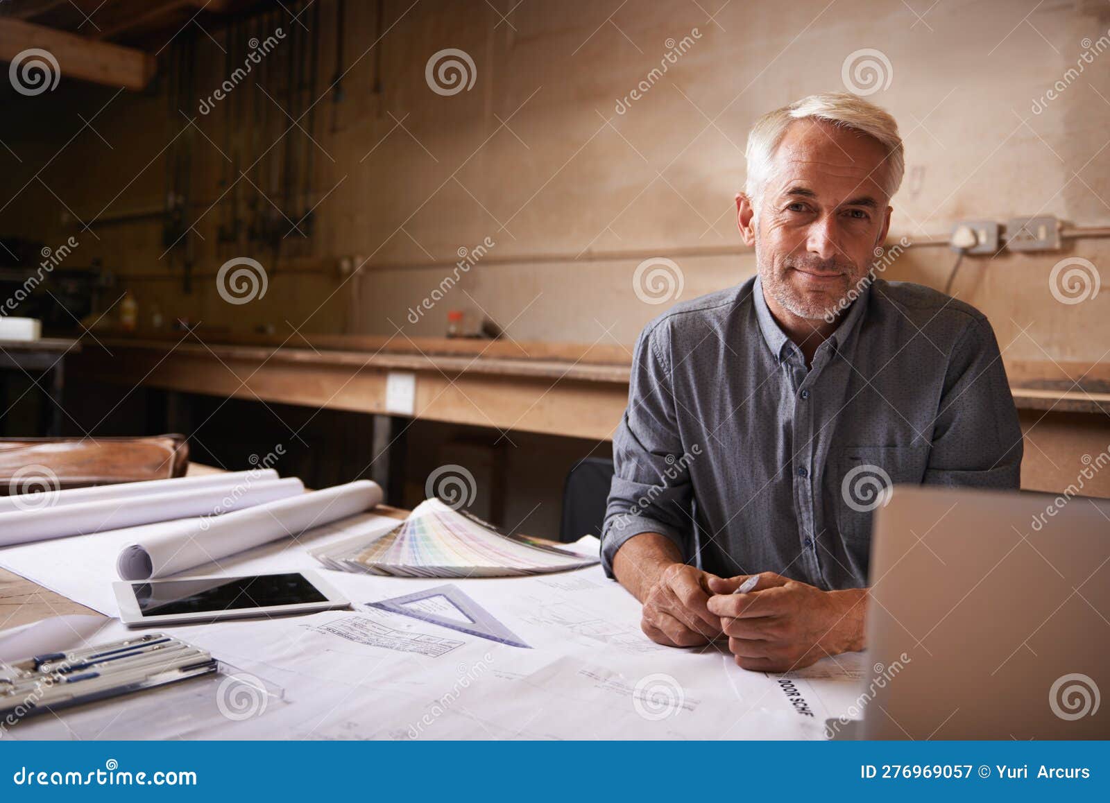 Man, Senior Architect in Portrait with Blueprint in Workshop ...