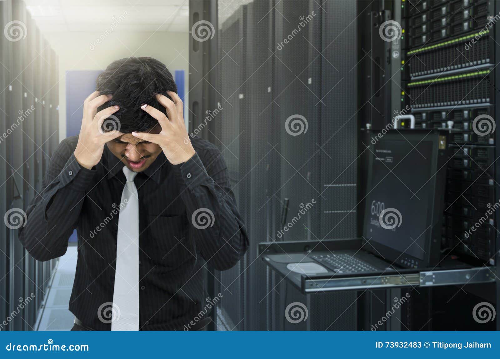 Man Serious Fail in Data Center with Trouble of Server Stock Image ...