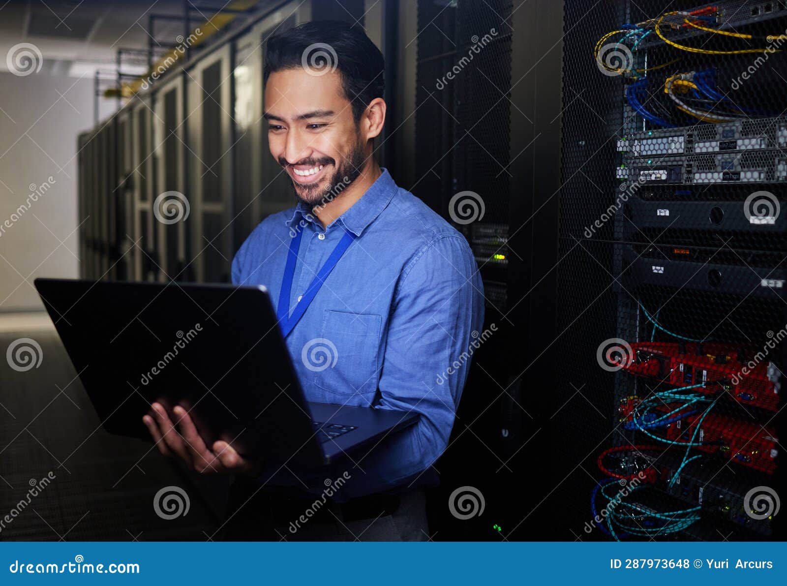 Man Server Room And Computer For Happy Programming System Solution And Data Center Coding Or