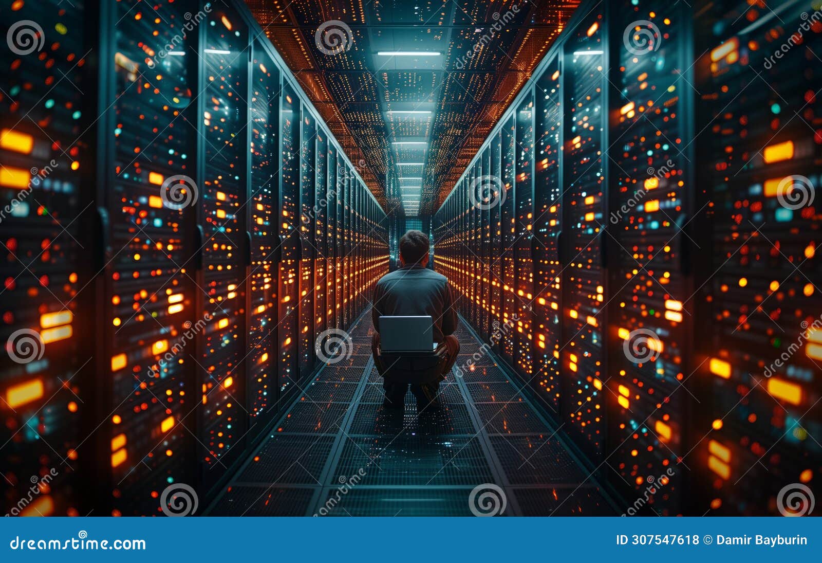 A Man in a Server Room with Laptop in a Dark Building Stock Photo ...