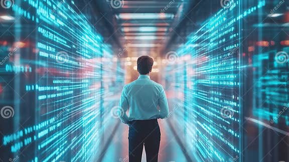 Man in Server Room Managing Network Infrastructure and Data Systems ...