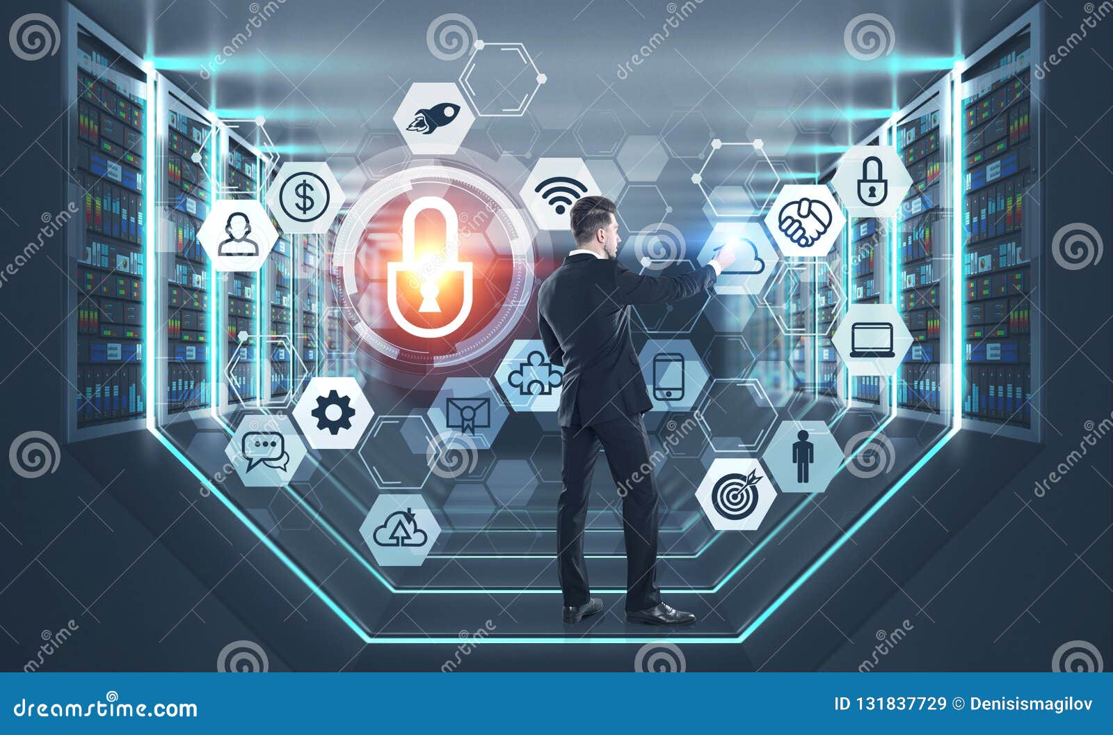 Man in Server Room Using Protection Interface Stock Image - Image of ...