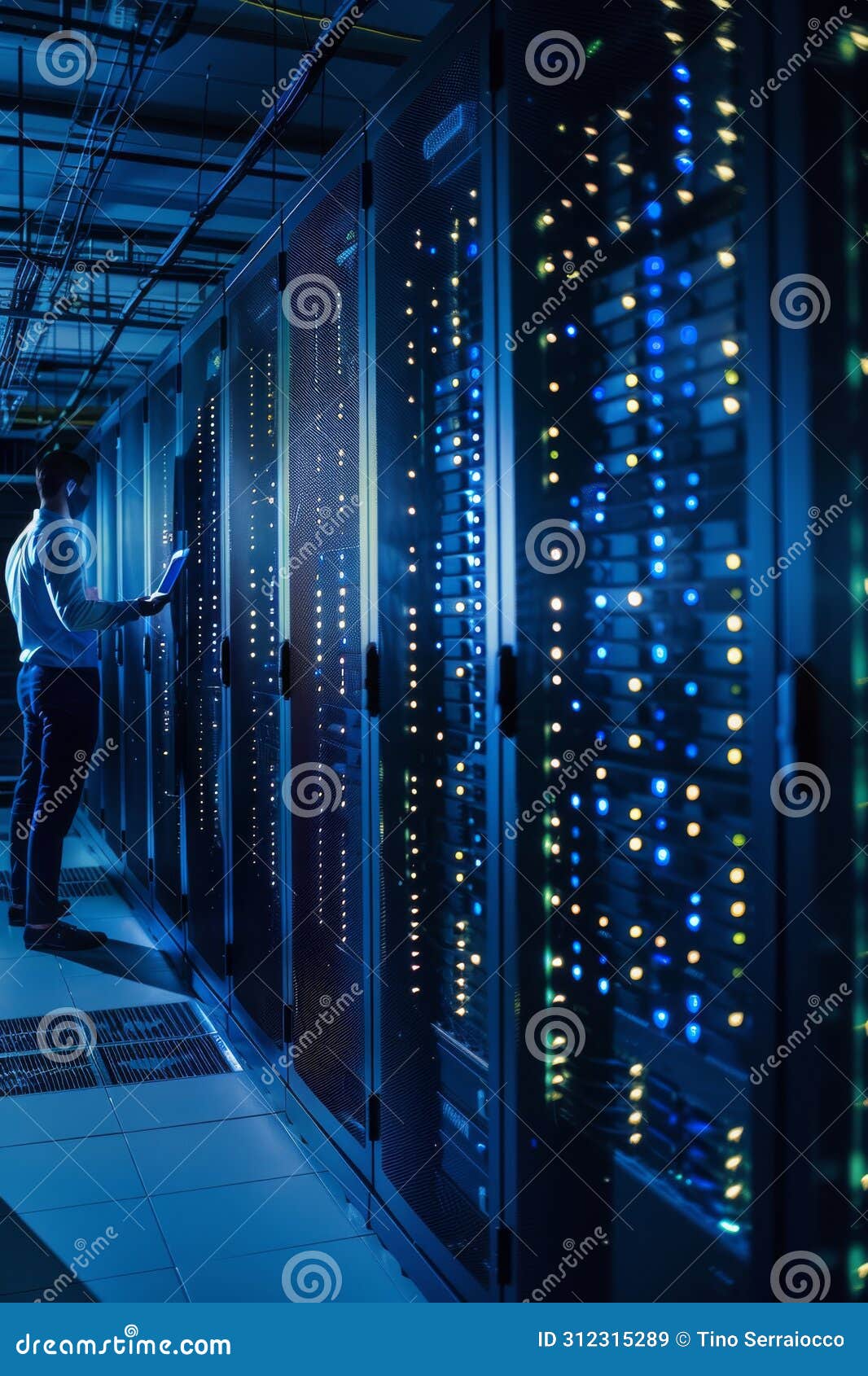 Man in Server Room Working on Electricitypowered Computer Cluster Stock ...