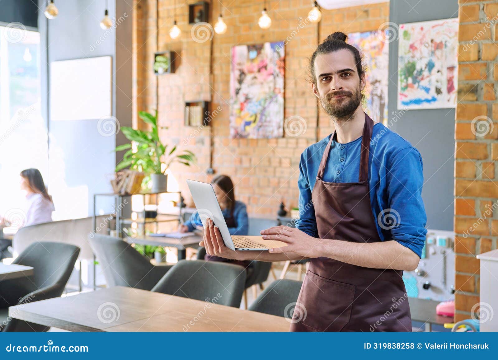 Man Service Worker Owner in Apron Using Laptop in Restaurant Cafeteria ...