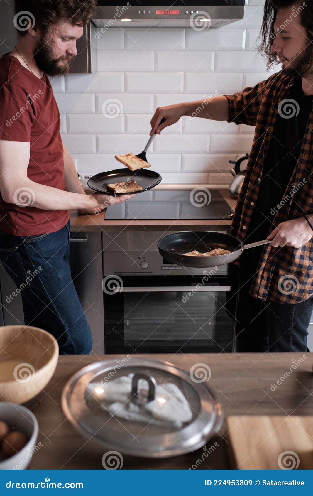 Man Serving Fried Toasts from the Pan Stock Image - Image of care ...