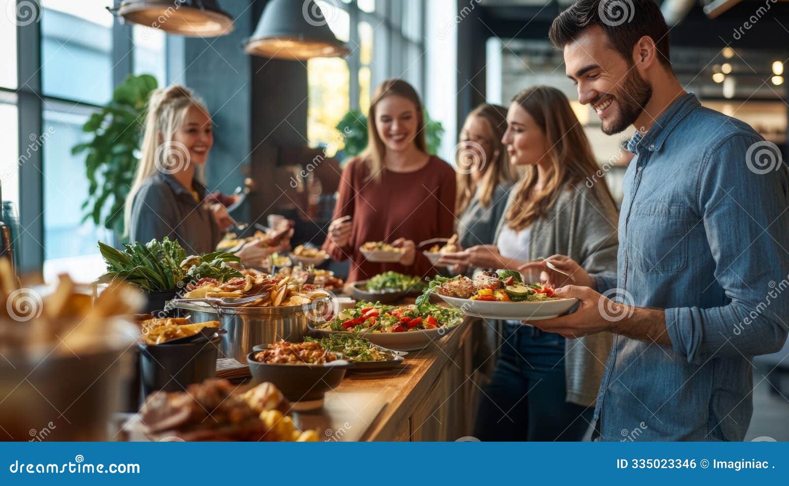 Man Serving Himself Salad at a Buffet with Friends Stock Illustration ...