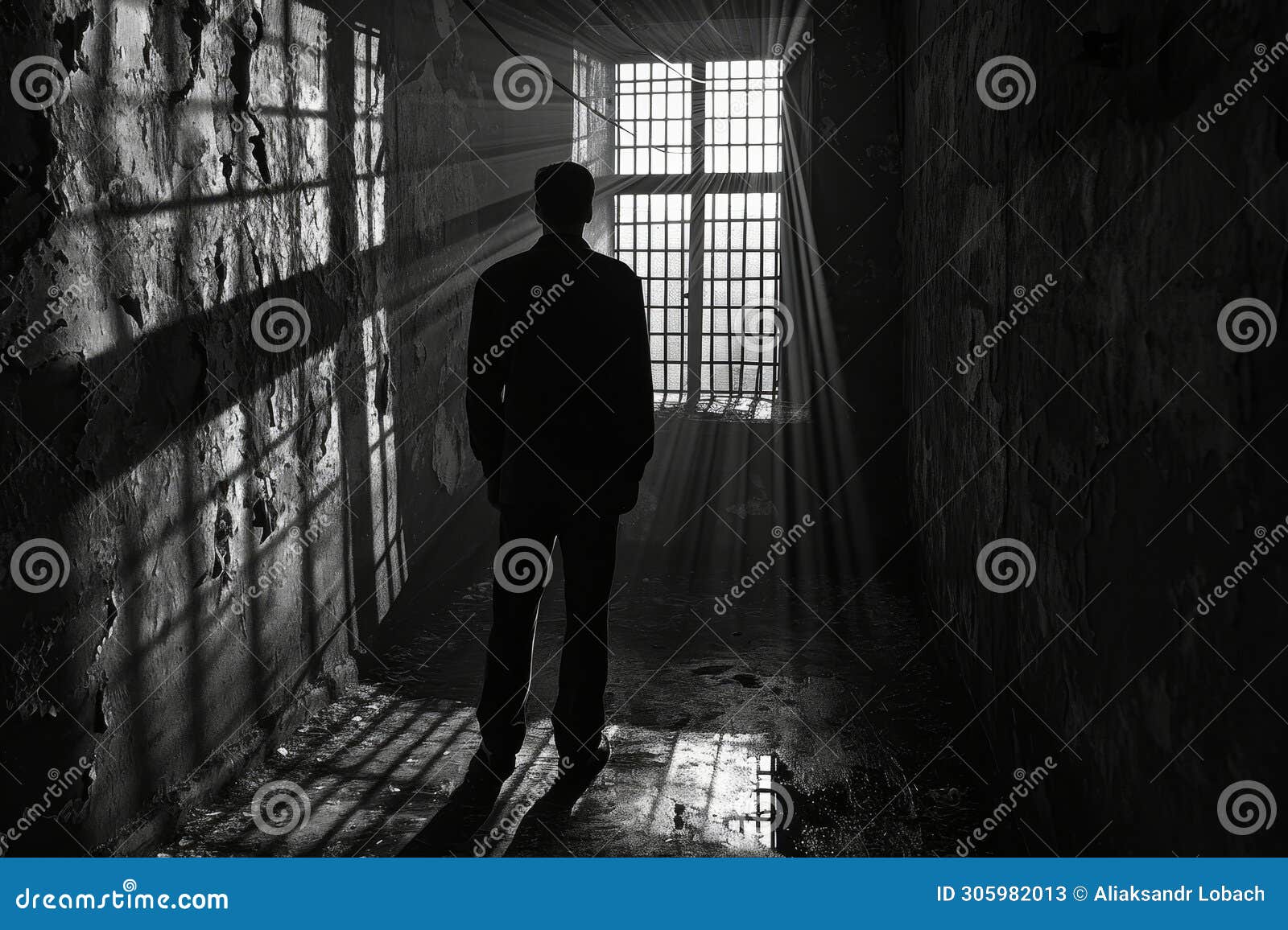 A Man Serving His Time in Prison Behind Bars Stock Image - Image of position, uniform: 305982013
