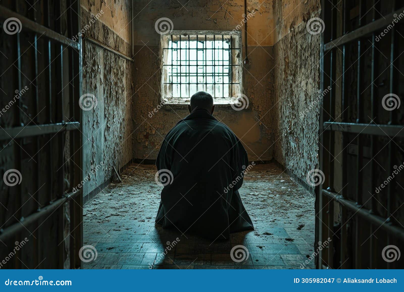 A Man Serving His Time In Prison Behind Bars Stock Illustration