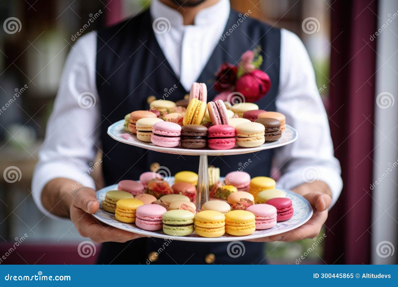 Man Serving Stacks of Macarons on Platter Stock Image - Image of bakery ...