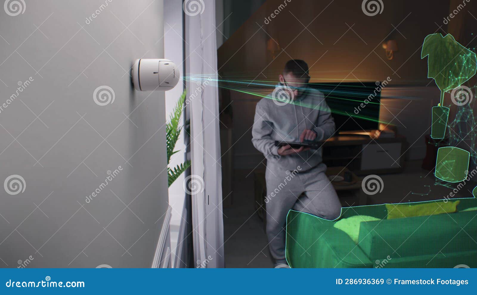 Man Sets Up Security Camera at Home. 3D Render of CCTV Camera Scanning ...