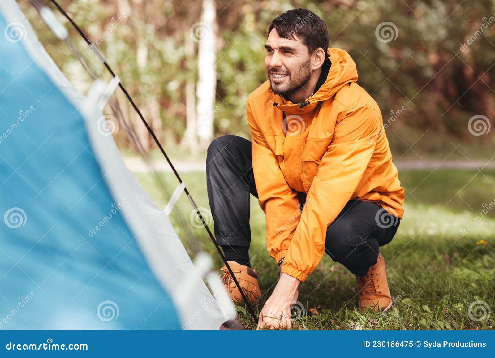 Man Setting Up Tent Outdoors Stock Image - Image of camping, person ...