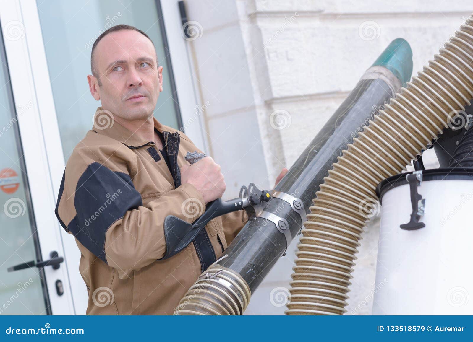 Man Setting Up Ventilation System Outdoors Stock Image - Image of ...