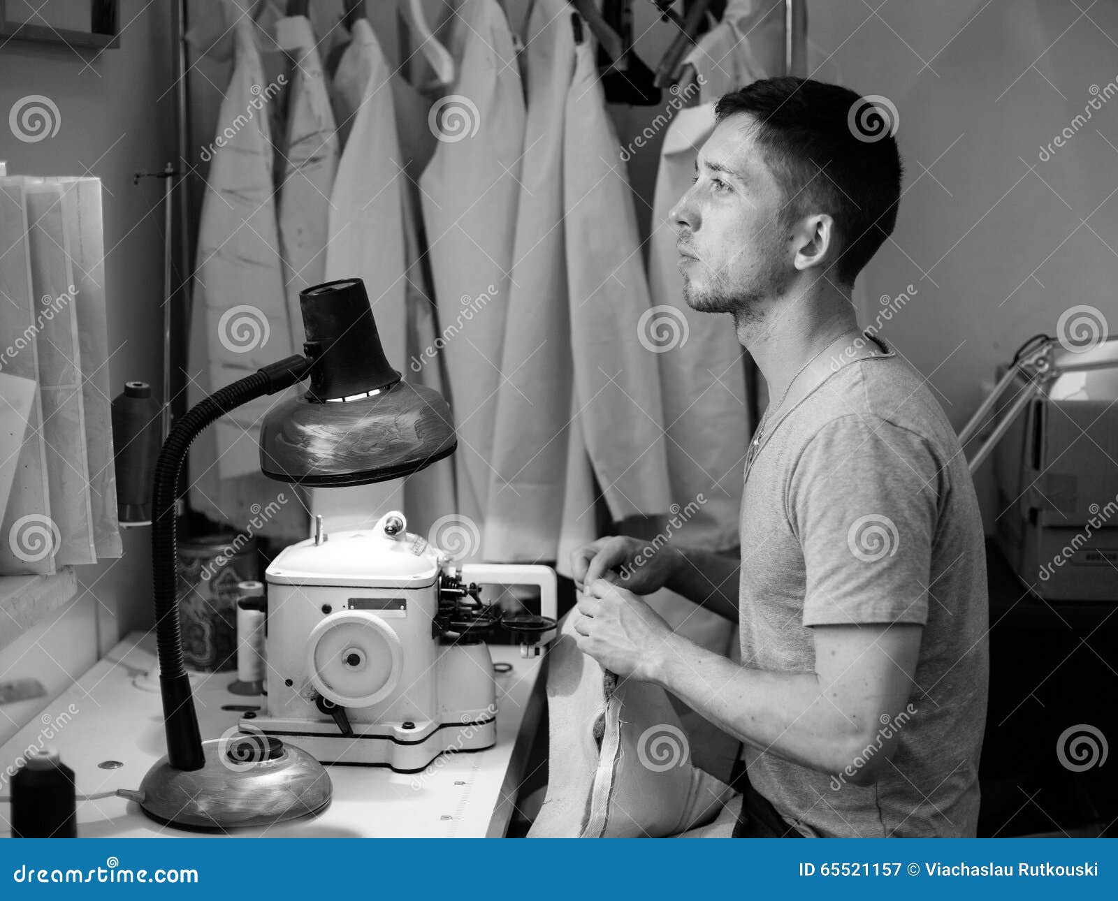 Man sews stock image. Image of machine, fashion, portrait - 65521157