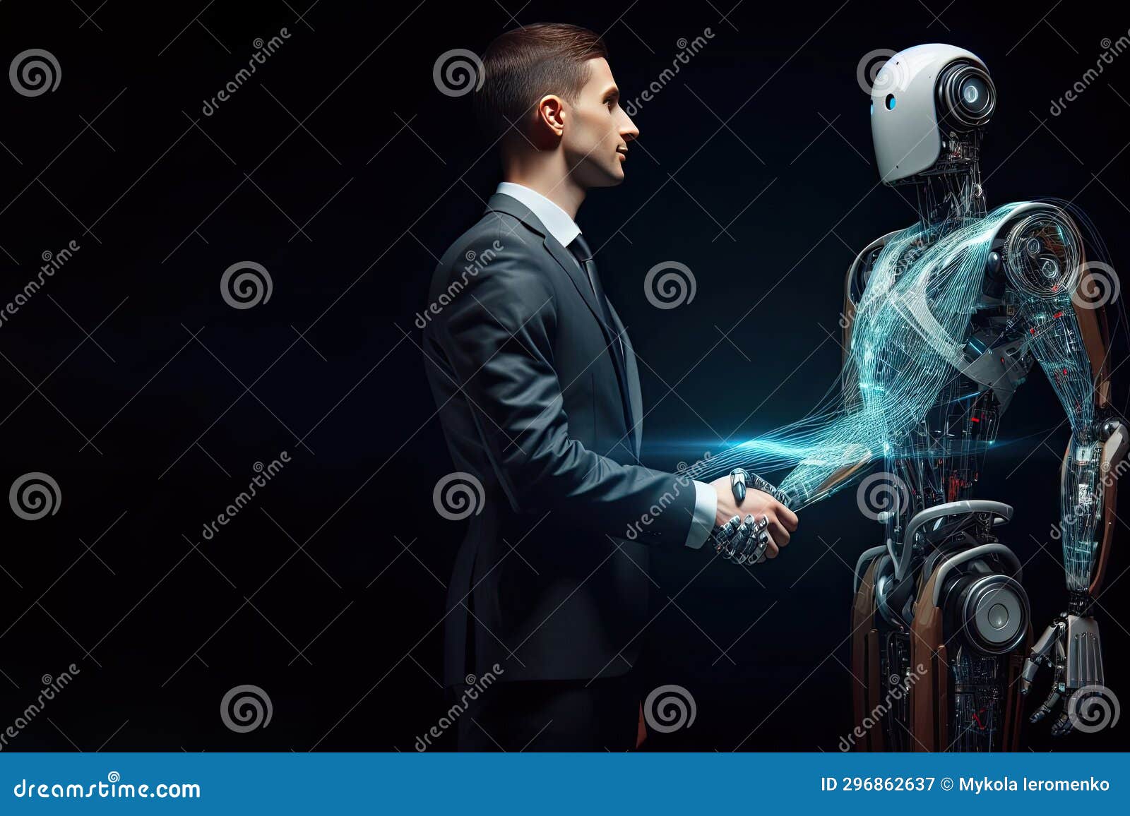 A Man Shakes Hands with a Humanoid Robot. Stock Illustration ...