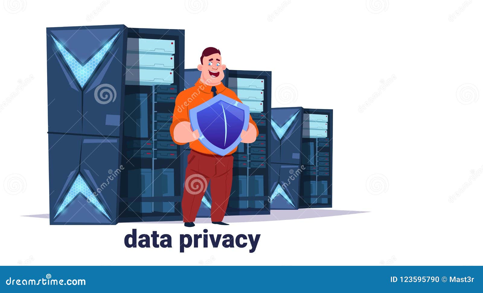 Man with Shield on Data Storage Center with Hosting Servers and Staff ...