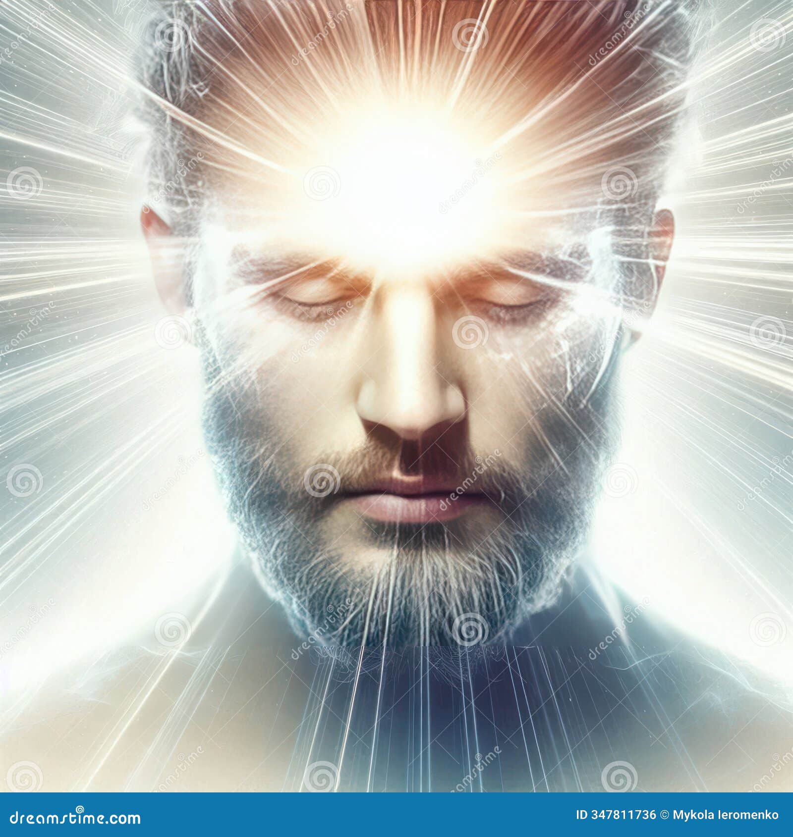 A Man with a Shining Light in the Area of the Third Eye. Stock Photo ...