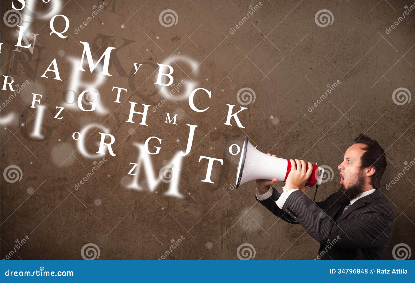 Man in Shirt Shouting into Megaphone and Text Come Out Stock Photo ...