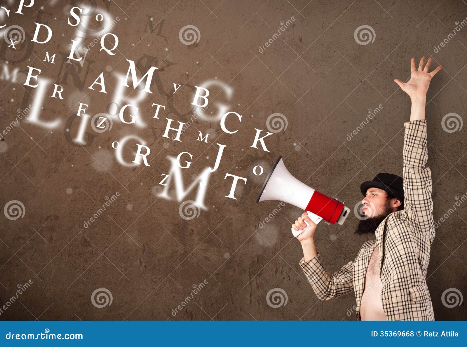 Man in Shirt Shouting into Megaphone and Text Come Out Stock Photo ...