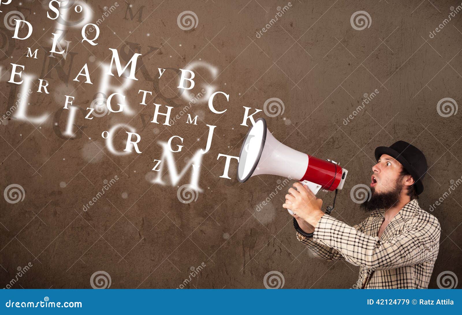 Man in Shirt Shouting into Megaphone and Text Come Out Stock Image ...
