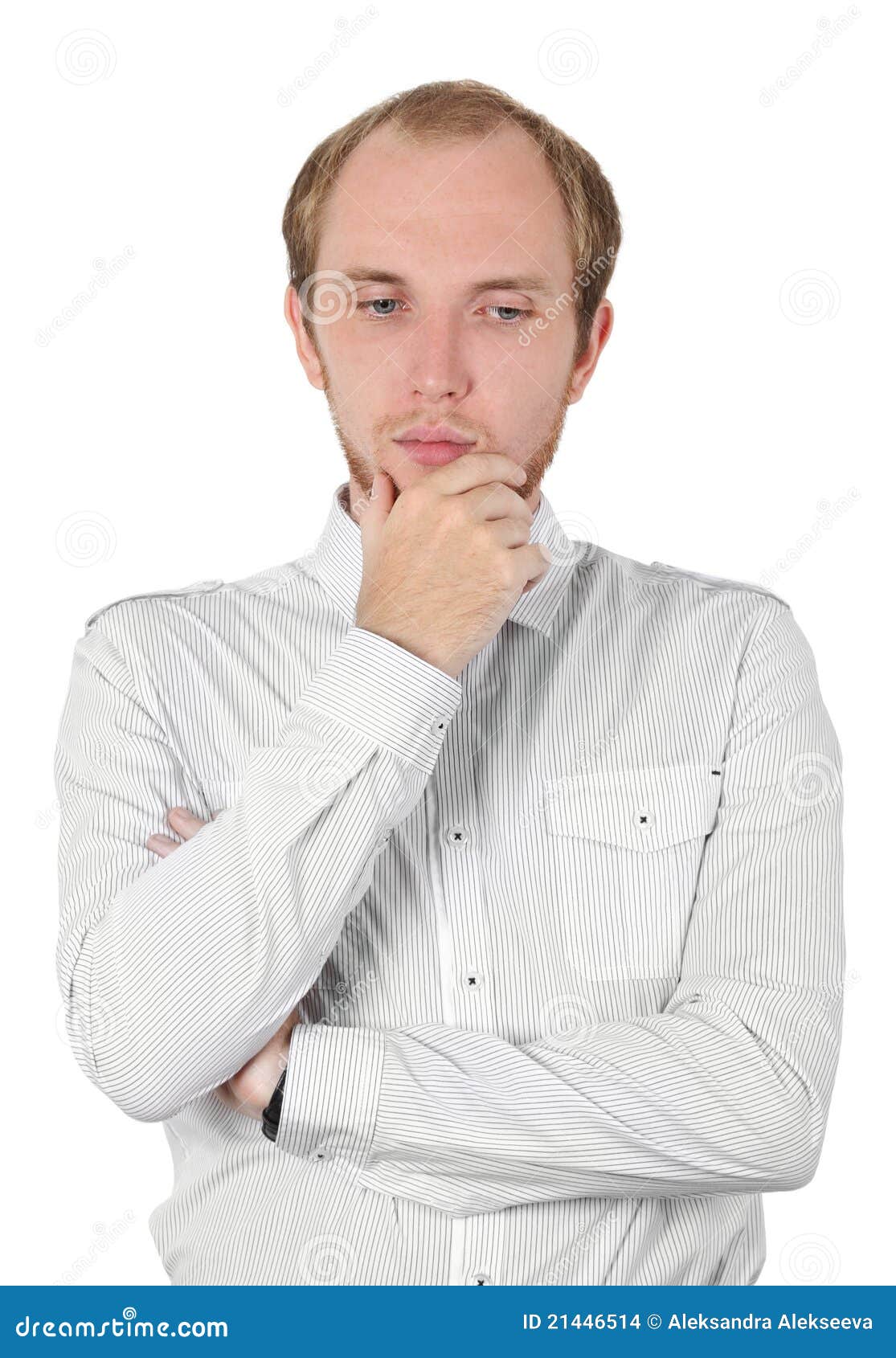 Man in Shirt Thinking, Hand on Chin, Isolated Stock Photo - Image of ...