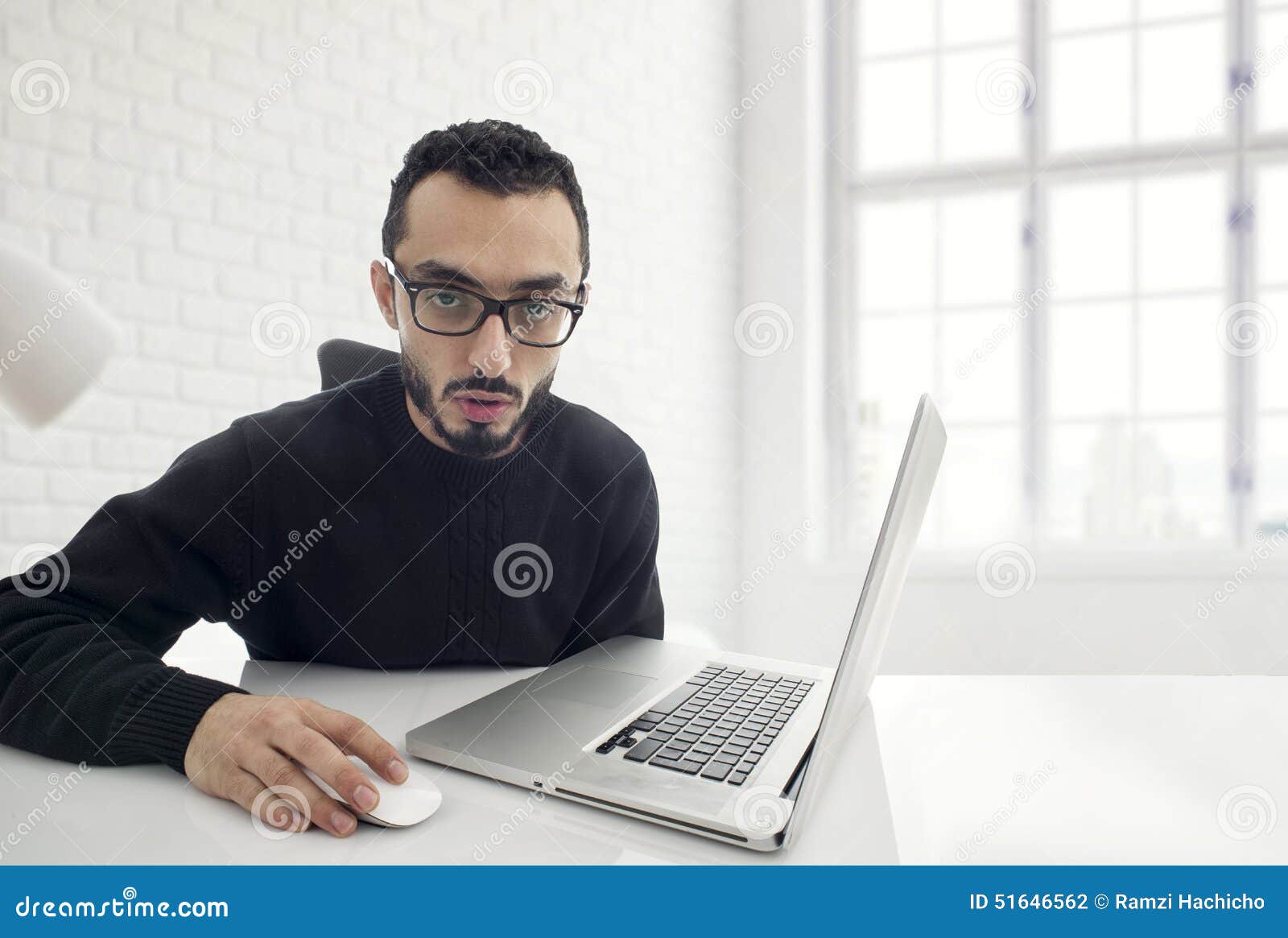 Man Shocked while Working on Computer in Office Stock Photo - Image of ...