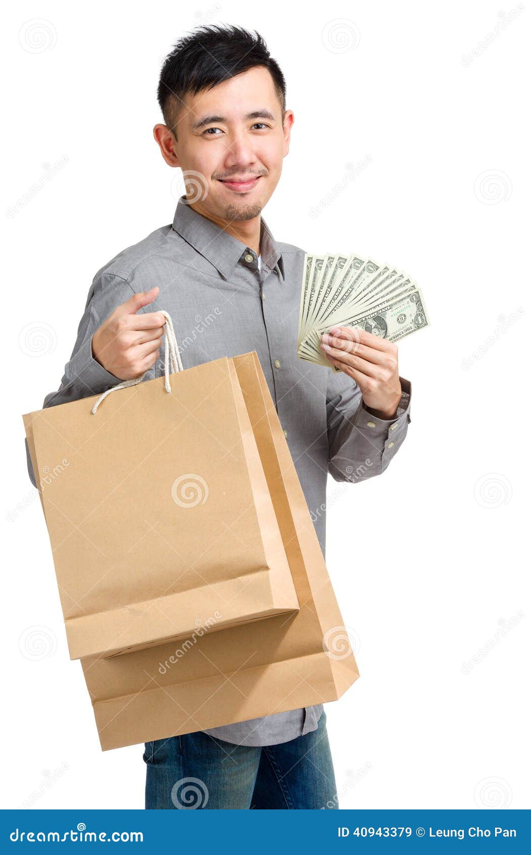 Man with Shopping Bag and Spread of Money Stock Image - Image of ...