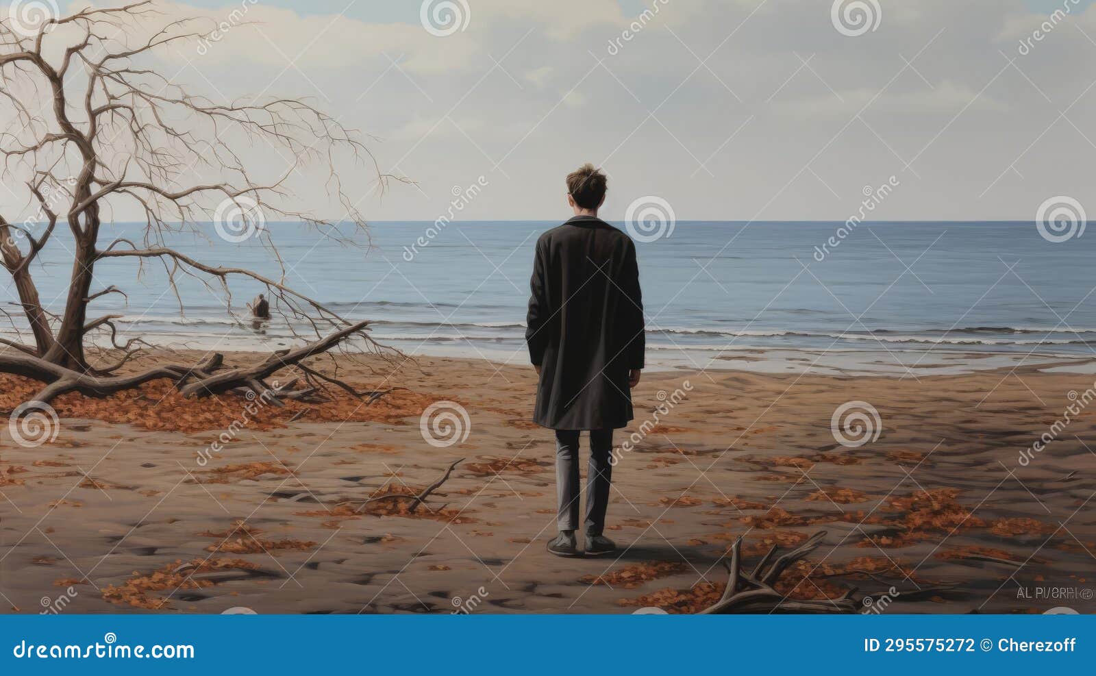 A Man on the Shore of a Lake or the Sea Looks Longingly into the ...