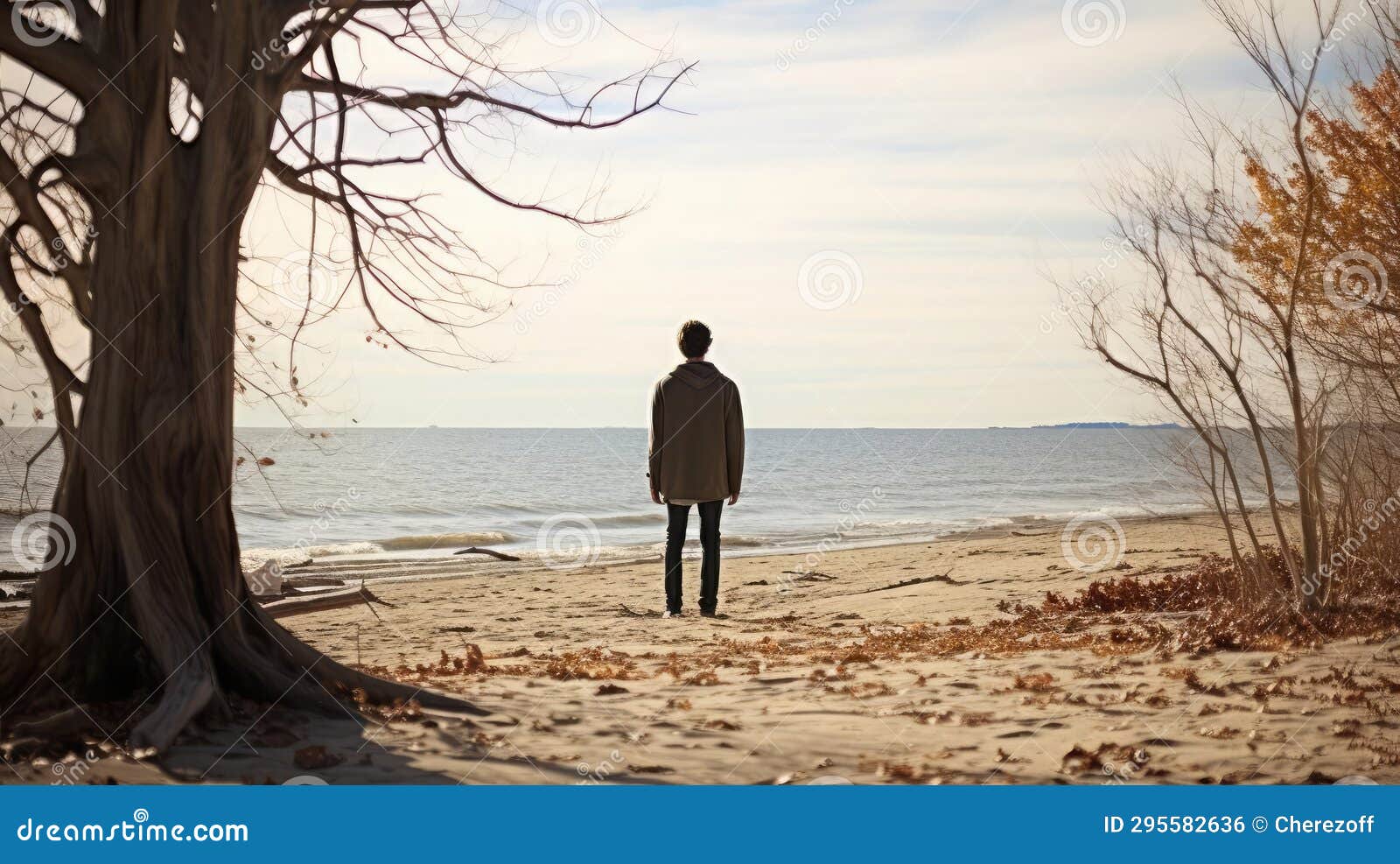 A Man on the Shore of a Lake or the Sea Looks Longingly into the ...