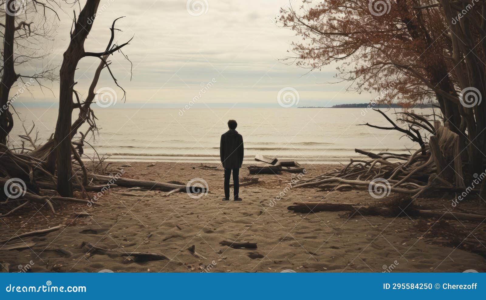 A Man on the Shore of a Lake or the Sea Looks Longingly into the ...