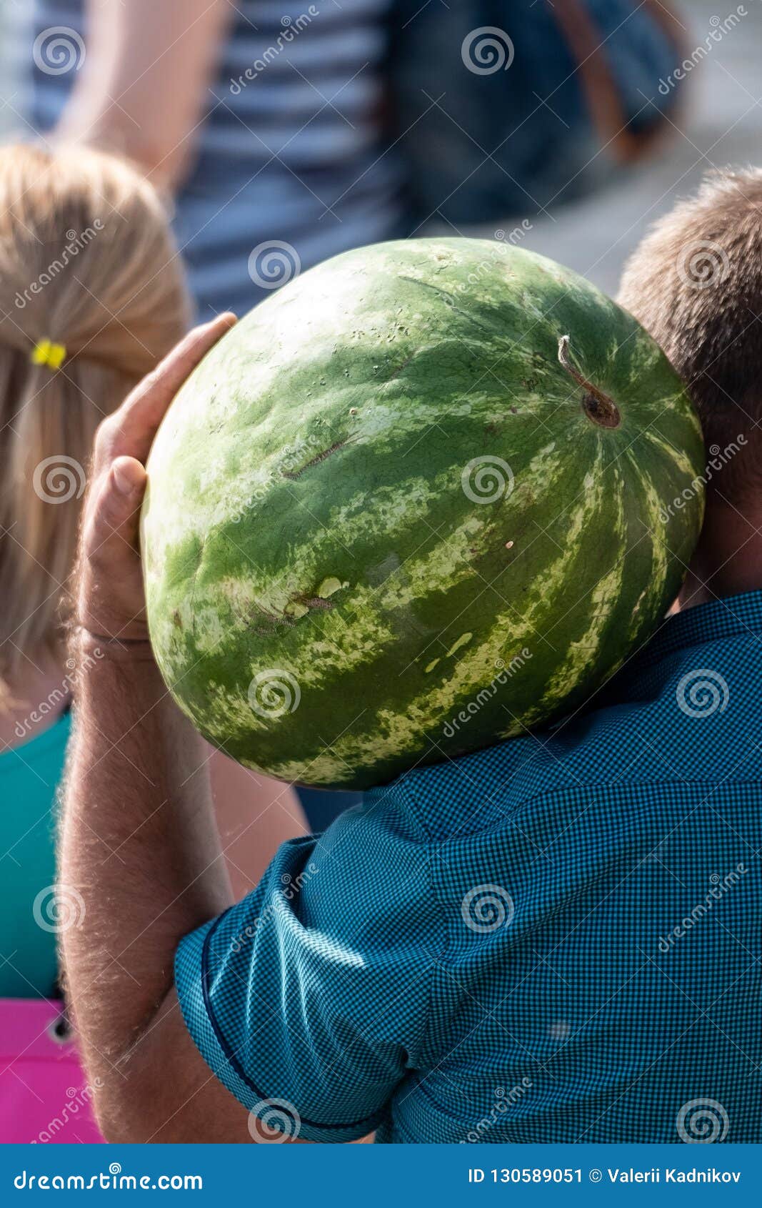 The Man on the Shoulder Carries a Ripe Big Watermelon. Stock Image ...