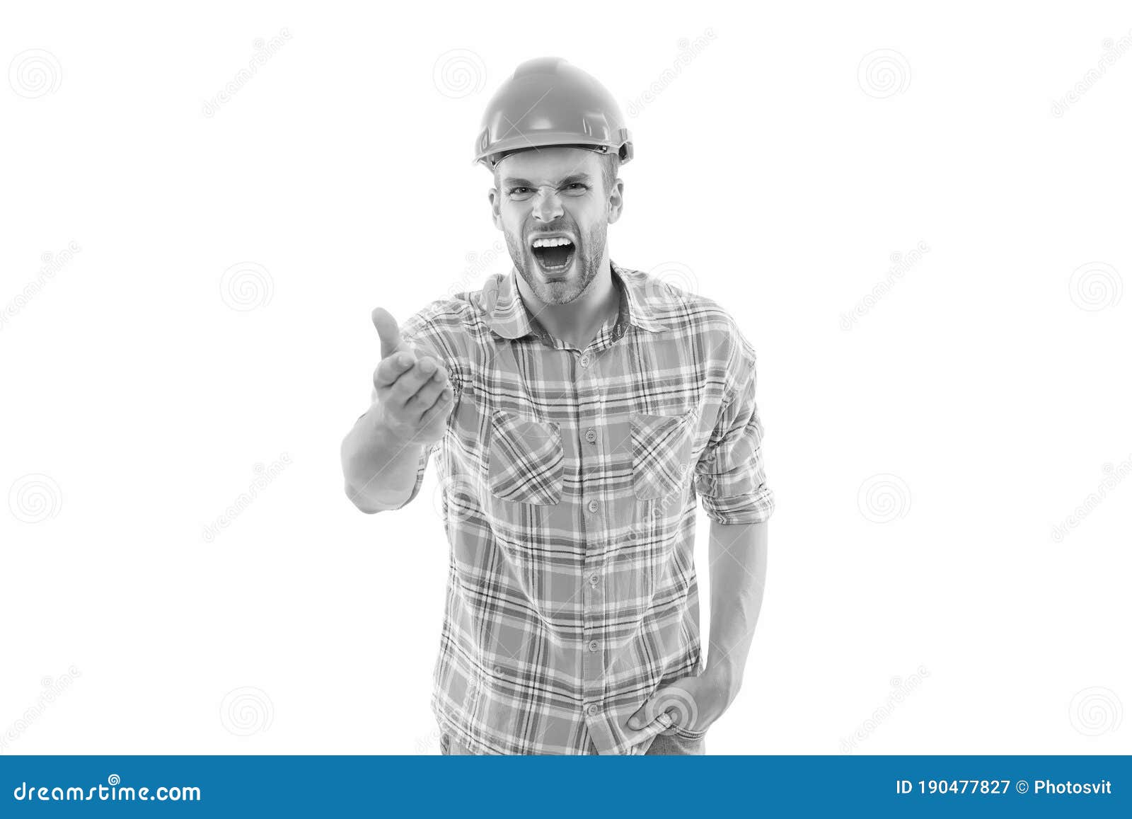 Man Shouting. Man Builder Hard Hat. Handyman at Workshop. Angry ...