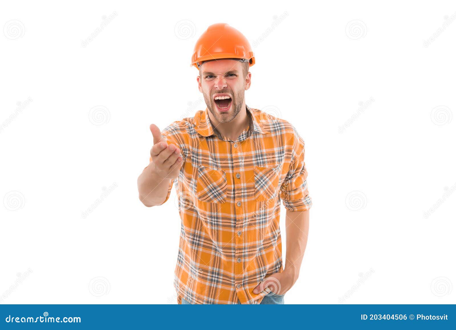 Man Shouting. Man Builder Hard Hat. Handyman at Workshop. Angry ...