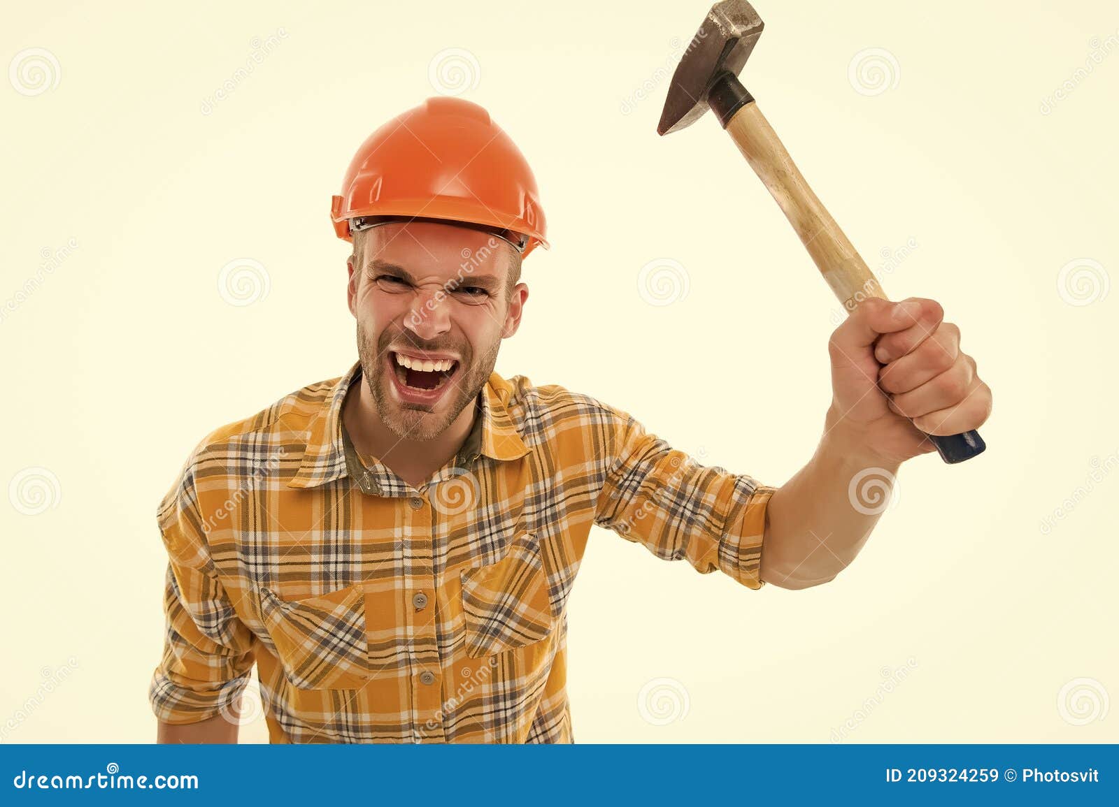 Man Shouting. Man Builder Hard Hat. Threaten with Hammer. Angry ...