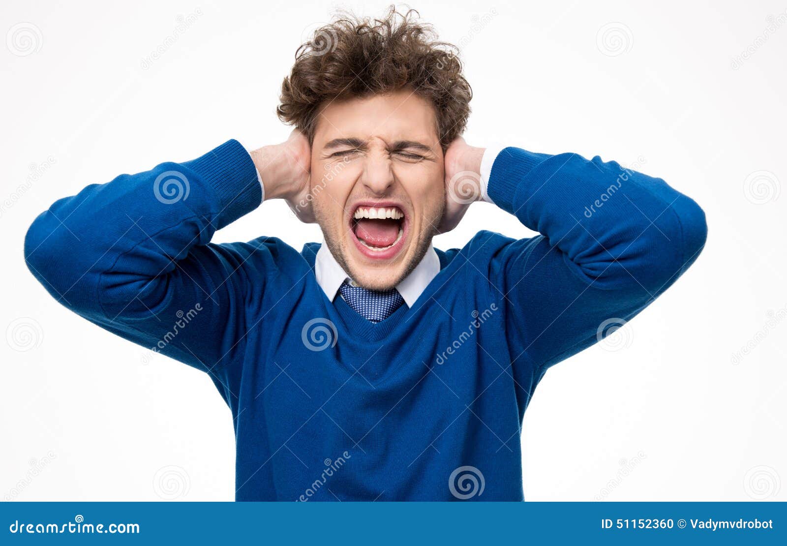 Man Shouting and Covering His Ears Stock Photo - Image of formal ...