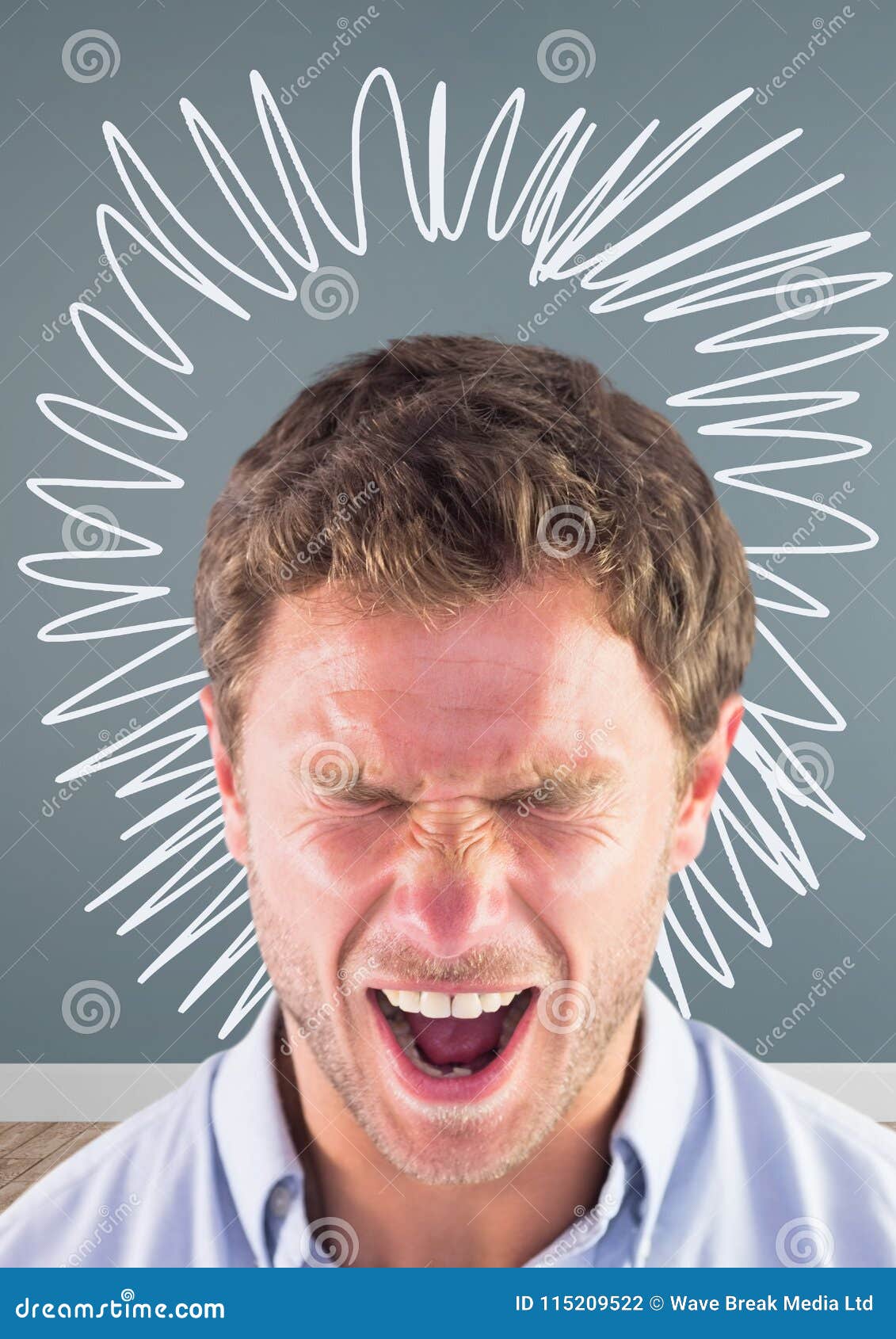 Man Shouting in Rage and Frustration with Circle Doodle in Room Stock ...