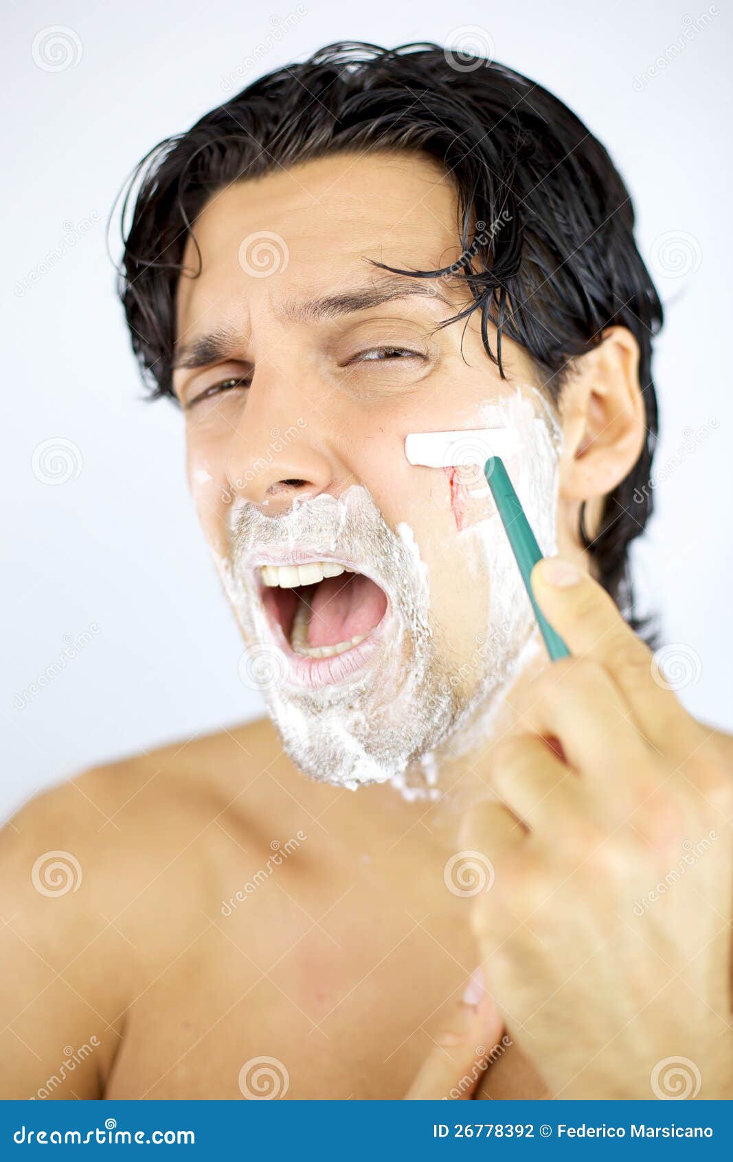 Man Shouting while Shaving Cutting with Blade Stock Photo - Image of ...