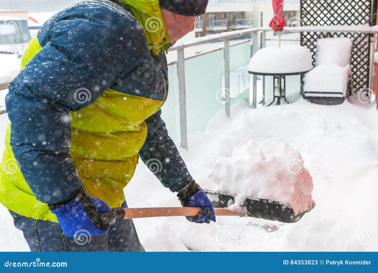 Man Shoveling the Show on the Terrace Stock Image - Image of path ...