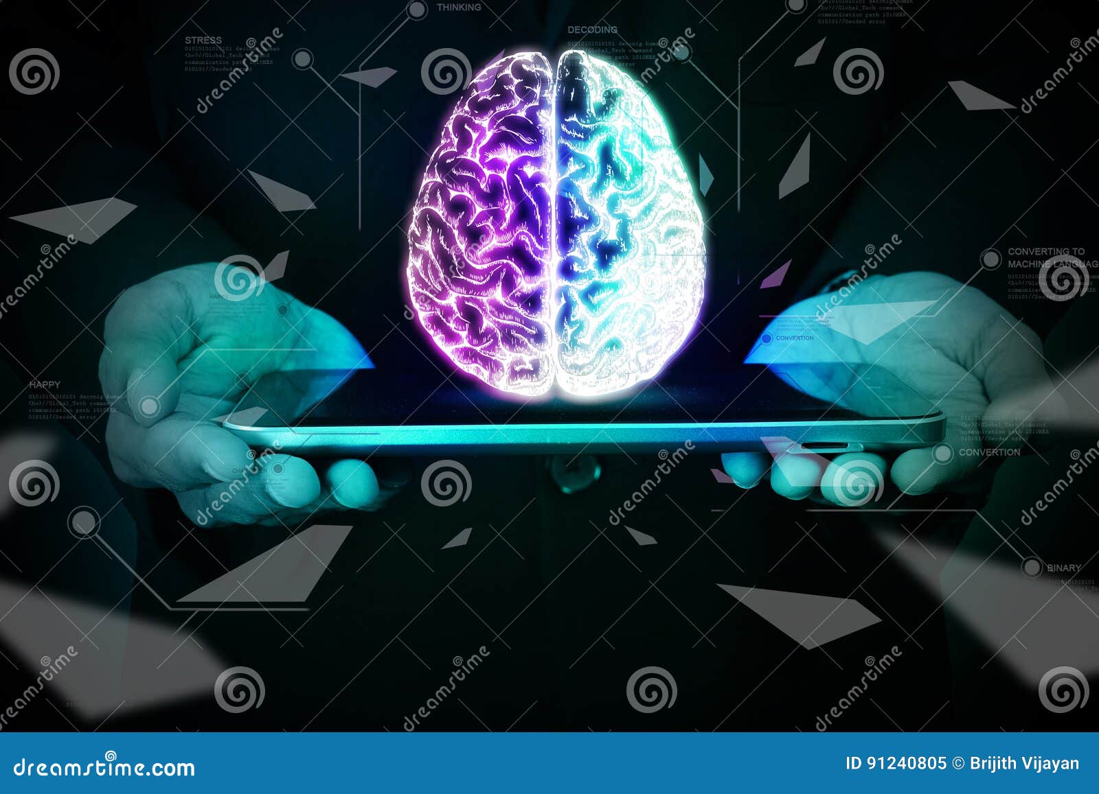 Man Showing Brain on a Smart Phone Stock Illustration - Illustration of ...