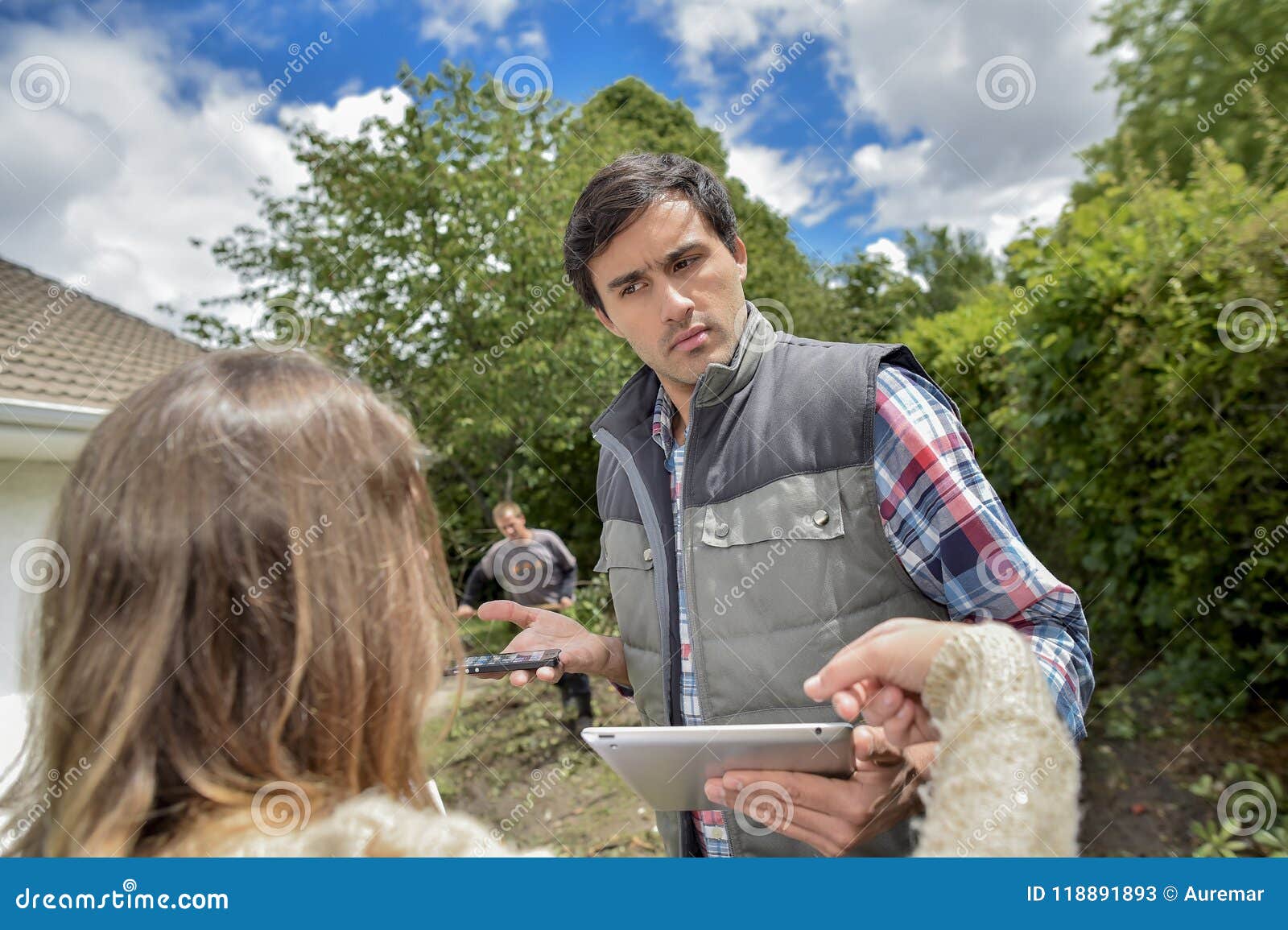 Man showing client tablet stock image. Image of female - 118891893