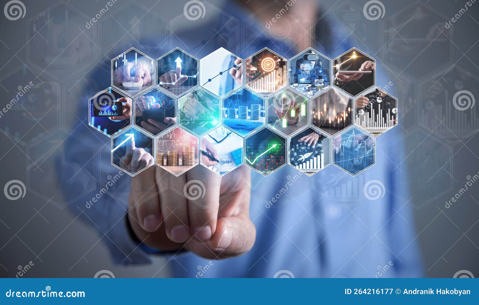 Man Showing a Digital Pictures of Business Graphs with a Hexagonal ...