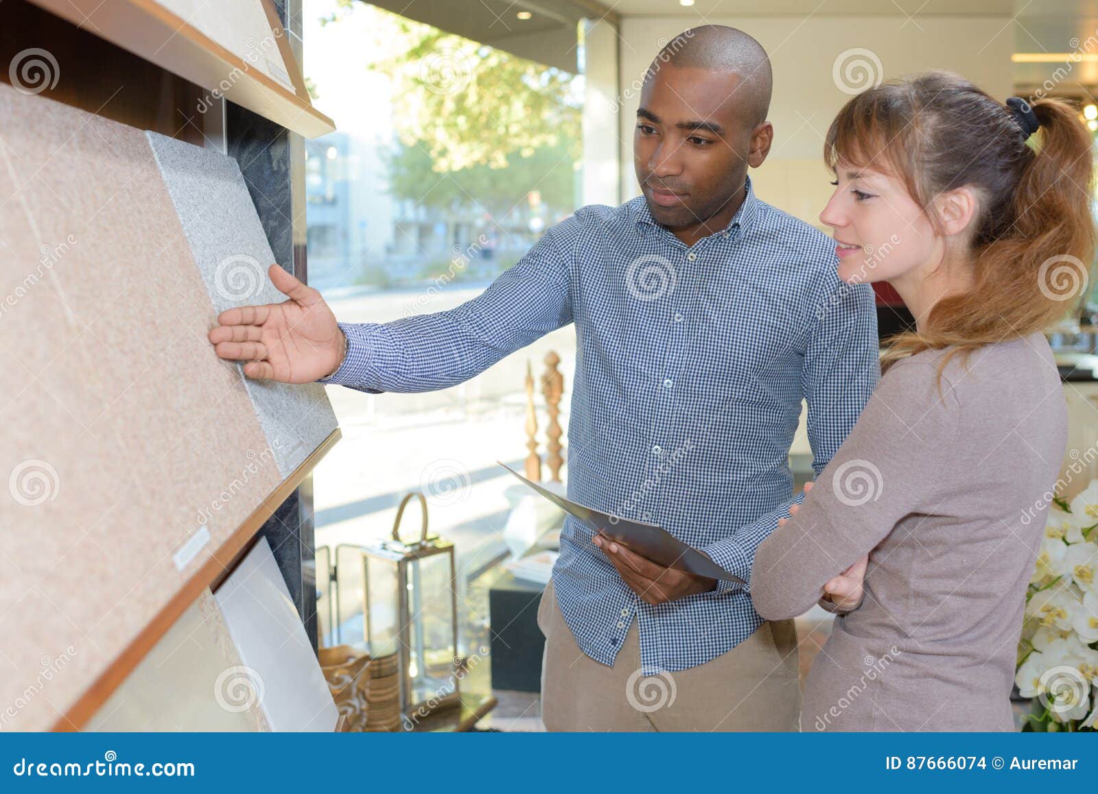 Man Showing Display Tiles To Customer Stock Photo - Image of brochure ...