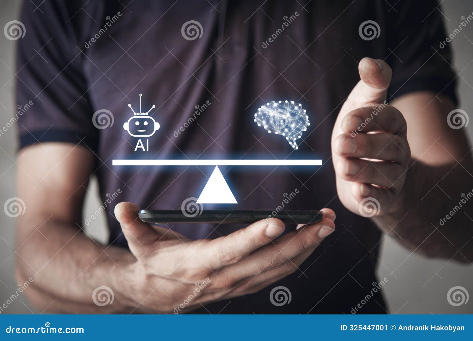 Man Showing Human Brain with a Ai Robot on Scales Stock Image - Image ...