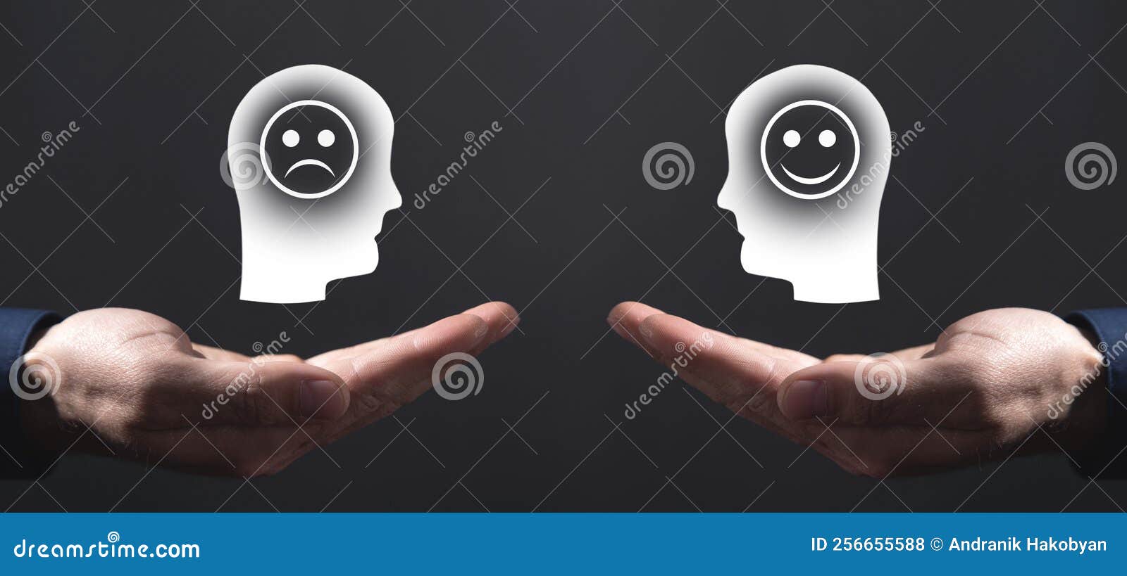 Man Showing Human Head with a Sad and Happy Smiling Face Stock Photo ...