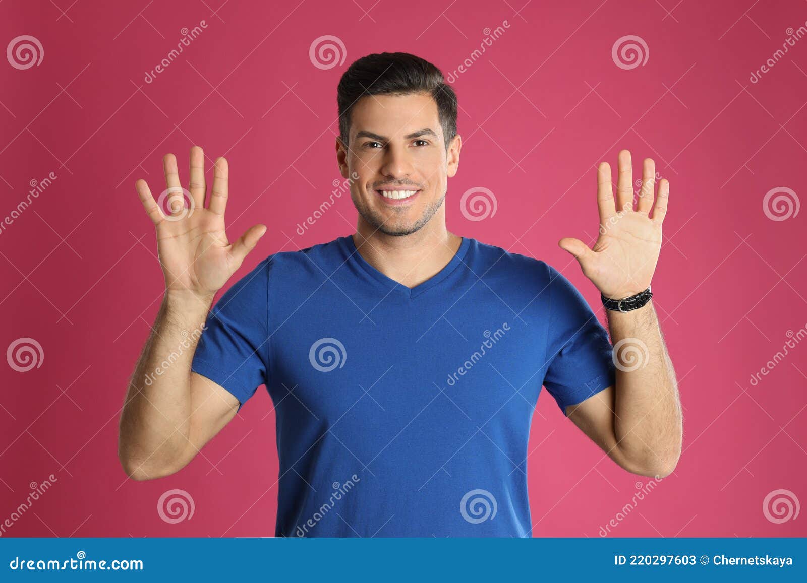 Man Showing Number Ten with His Hands on Pink Background Stock Image ...