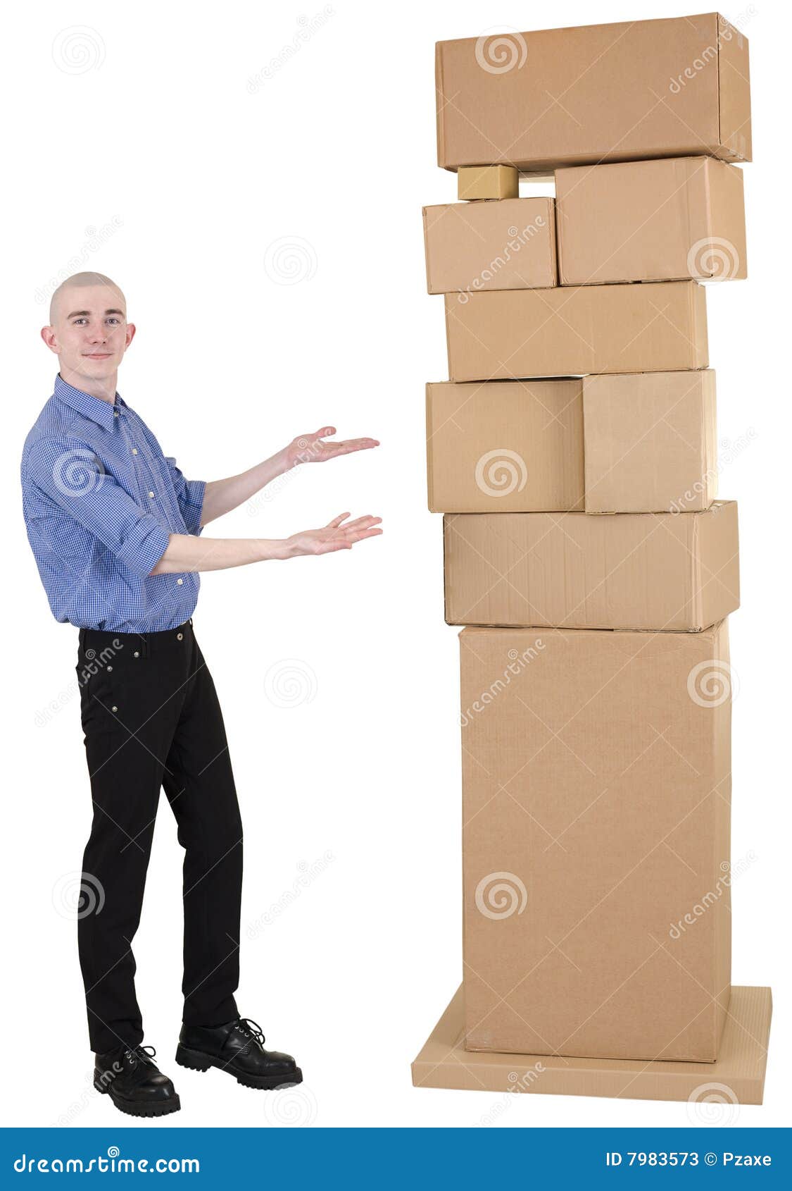 Man Showing on Pile Cardboard Boxes Stock Image - Image of isolated ...